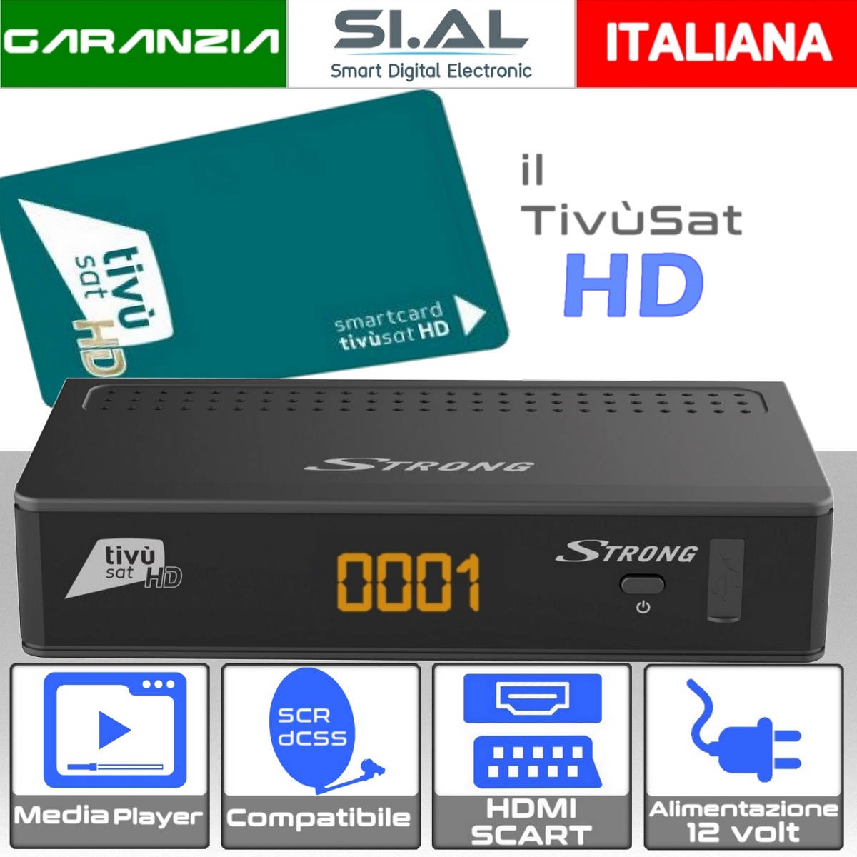 Decoder tivùsat HD Strong7807 completo di smart card con funzioni USB